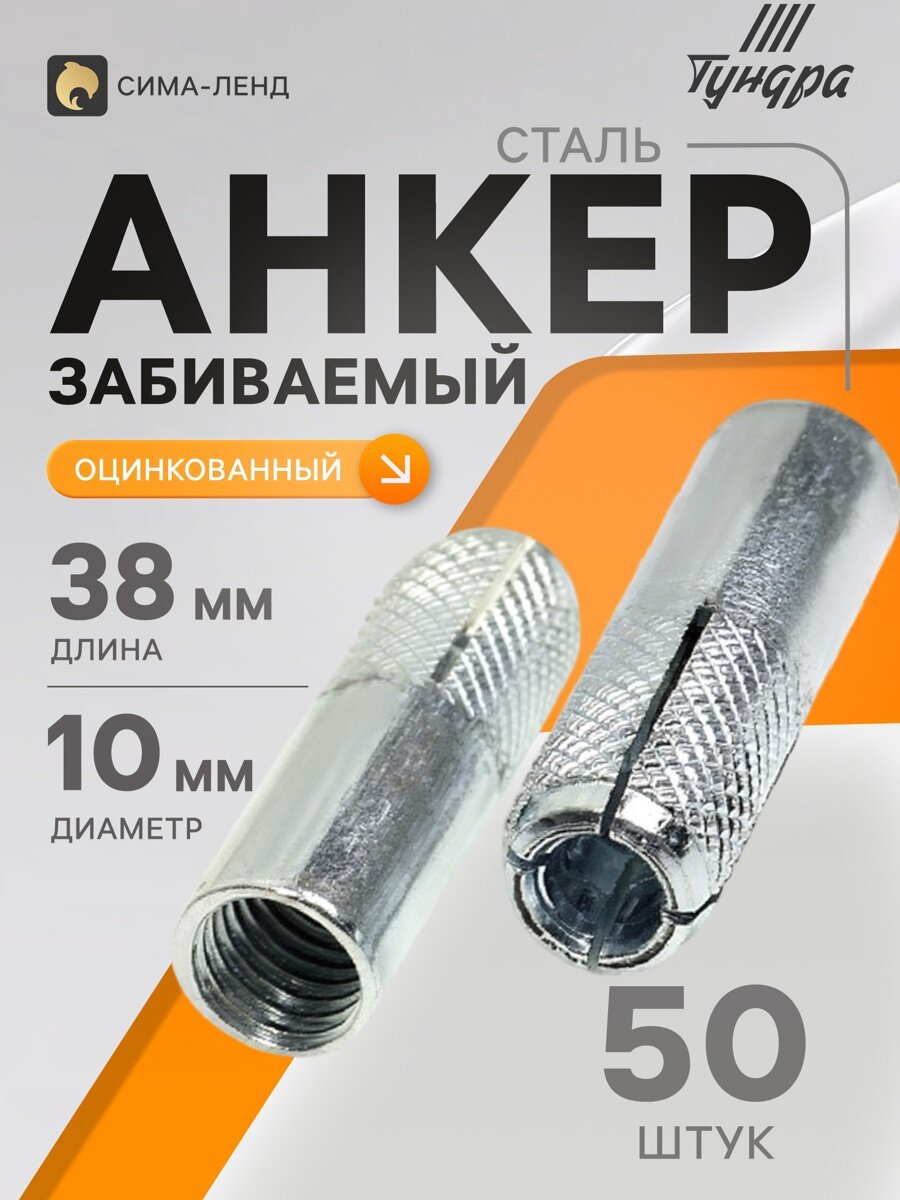 Анкер тундра, забиваемый, стальной, оцинкованный, М10×38 мм, 50 шт.