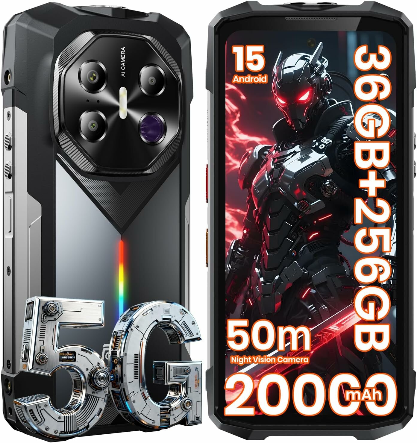FOSSIBOT F113 Защищенный телефон 5G, 36 (12+24) ГБ 256 ГБ, 6,78-дюймовый FHD-экран, 20000 мАч