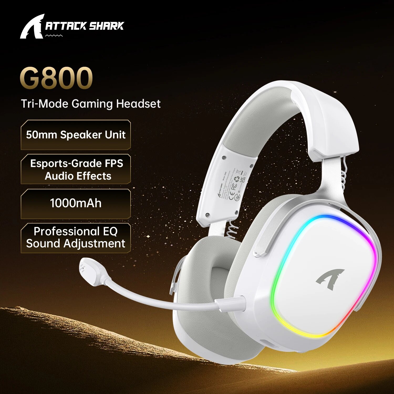 ATTACK SHARK G800 Беспроводные игровые наушники 7.1 RGB WHITE