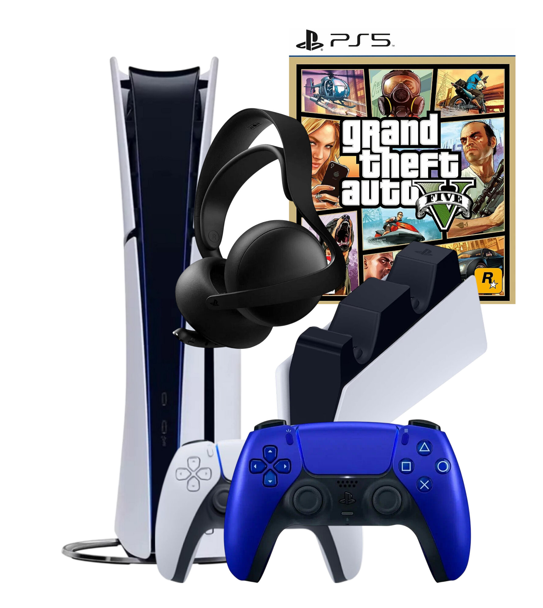Игровая приставка PlayStation 5 Slim Disk + игра PS5 GTA + станция зарядки + DualSense PS5 Cobalt Blue+Pulse Elite Black