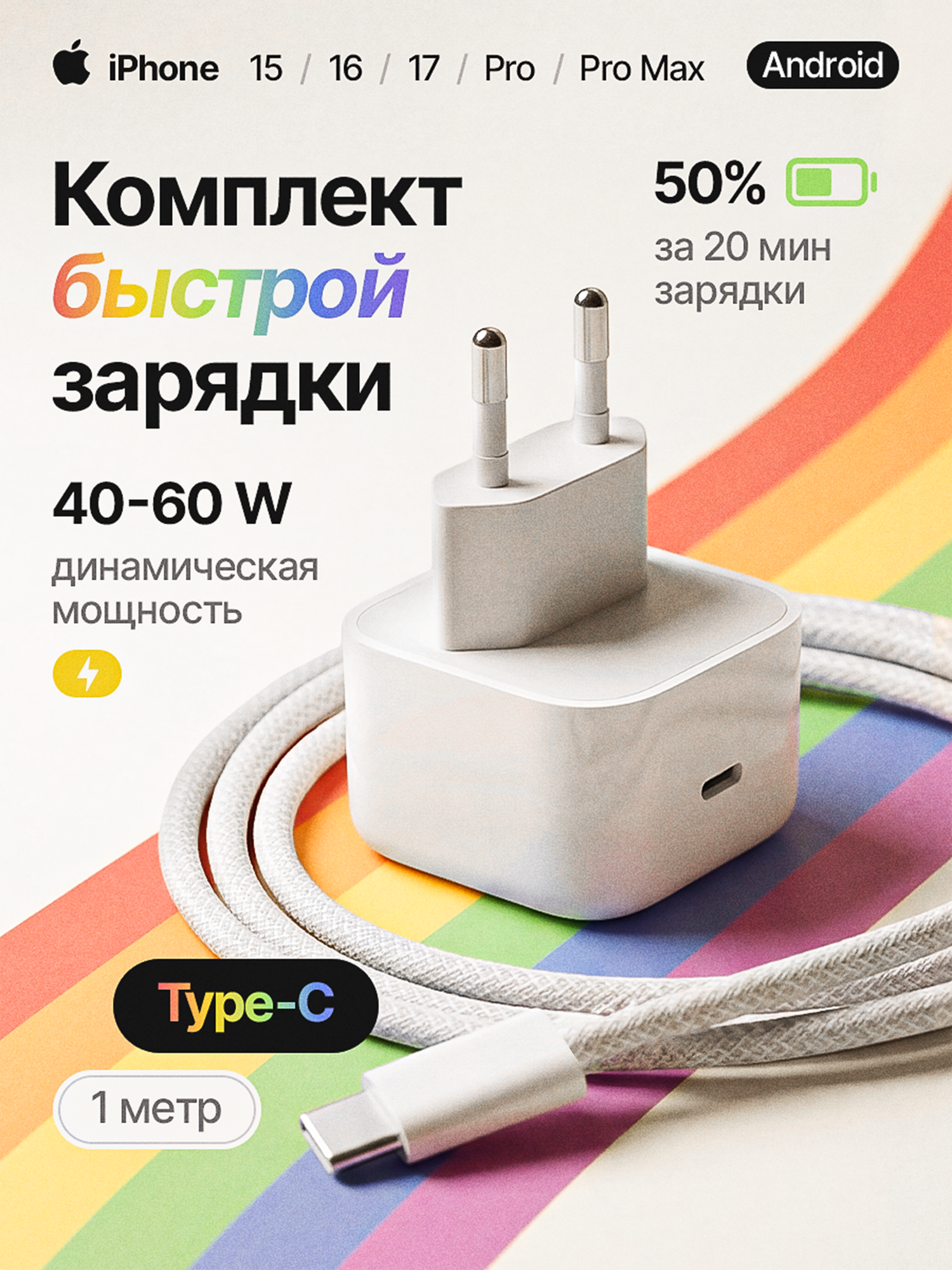 Зарядное устройство для iPhone, MacBook, iPad 40W до 60W + кабель Type-C / Быстрая зарядка для айфон, android
