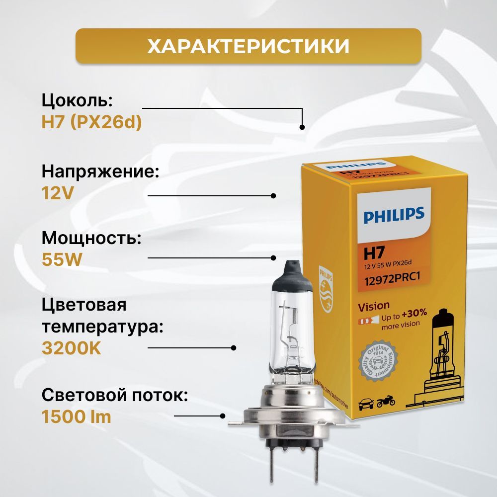 Лампы автомобильные галогеновые H7 PHILIPS Vision +30% 12V 55W PX26d комплект (2 шт.) 12972PRC1