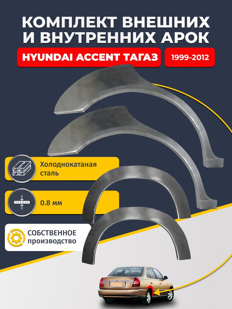Комплект задних ремонтных внешних и внутренних арок для автомобиля (4 шт.), Hyundai Accent ТагаЗ 1999-2012 седан (Хендай Акцент). Холоднокатаная сталь 0,8 мм.