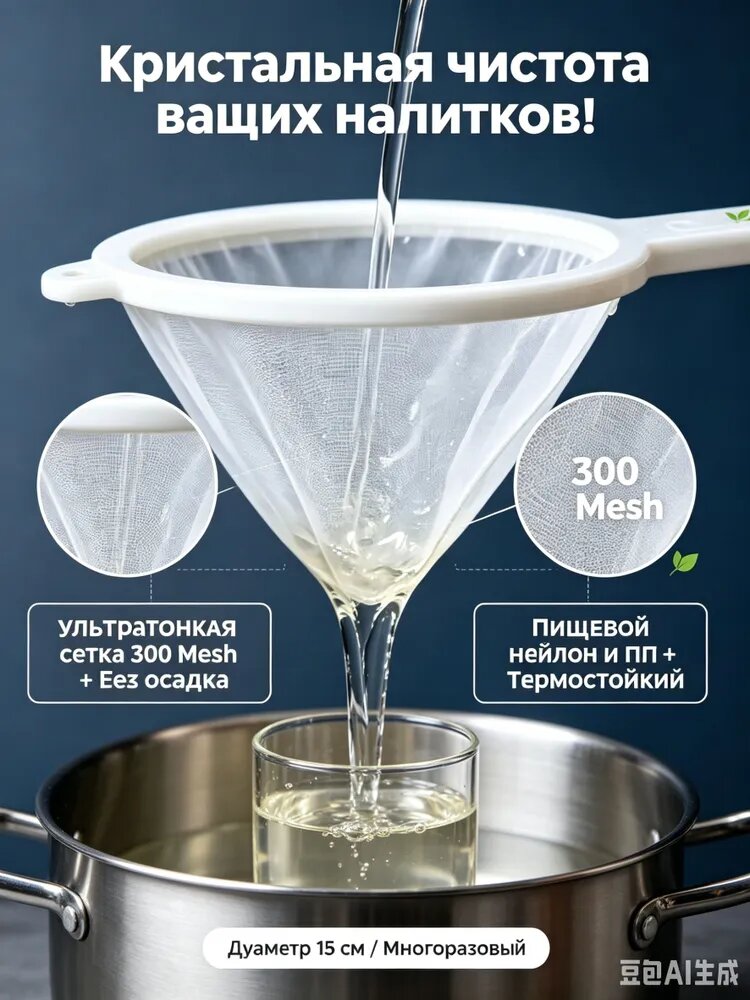 Кухонная фильтр-воронка 15 см, сито с нейлоновой сеткой 300 Mesh, многоразовое мелкое ситечко для процеживания молока, сока и вина