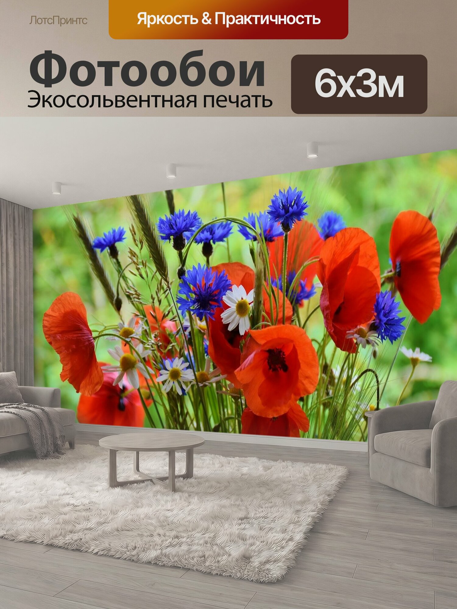 Фотообои "Мак, маки, васильки" 600x300 см. экосольвентная печать