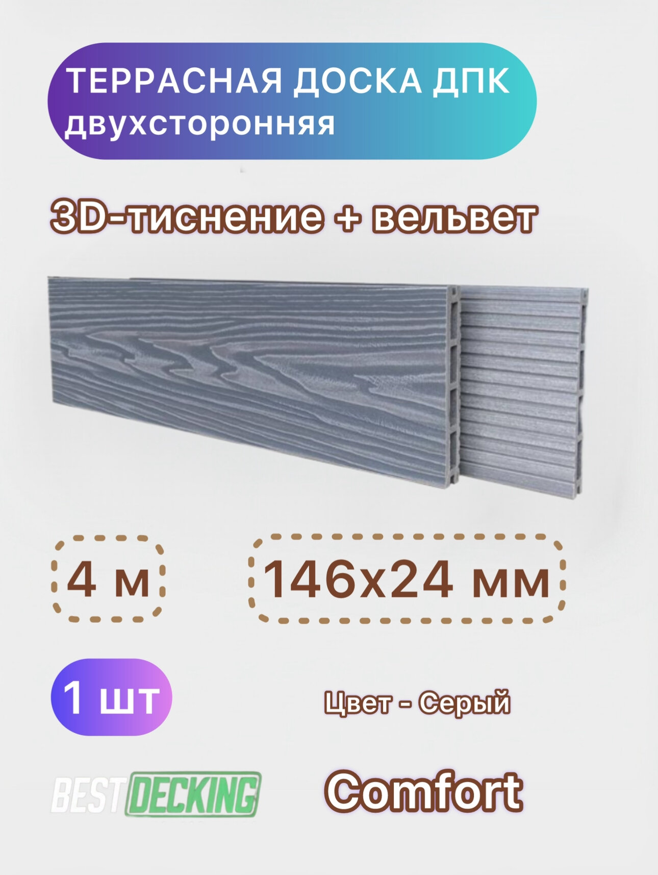 Террасная доска Best Decking Comfort 146*24*4000 мм Серый 3D