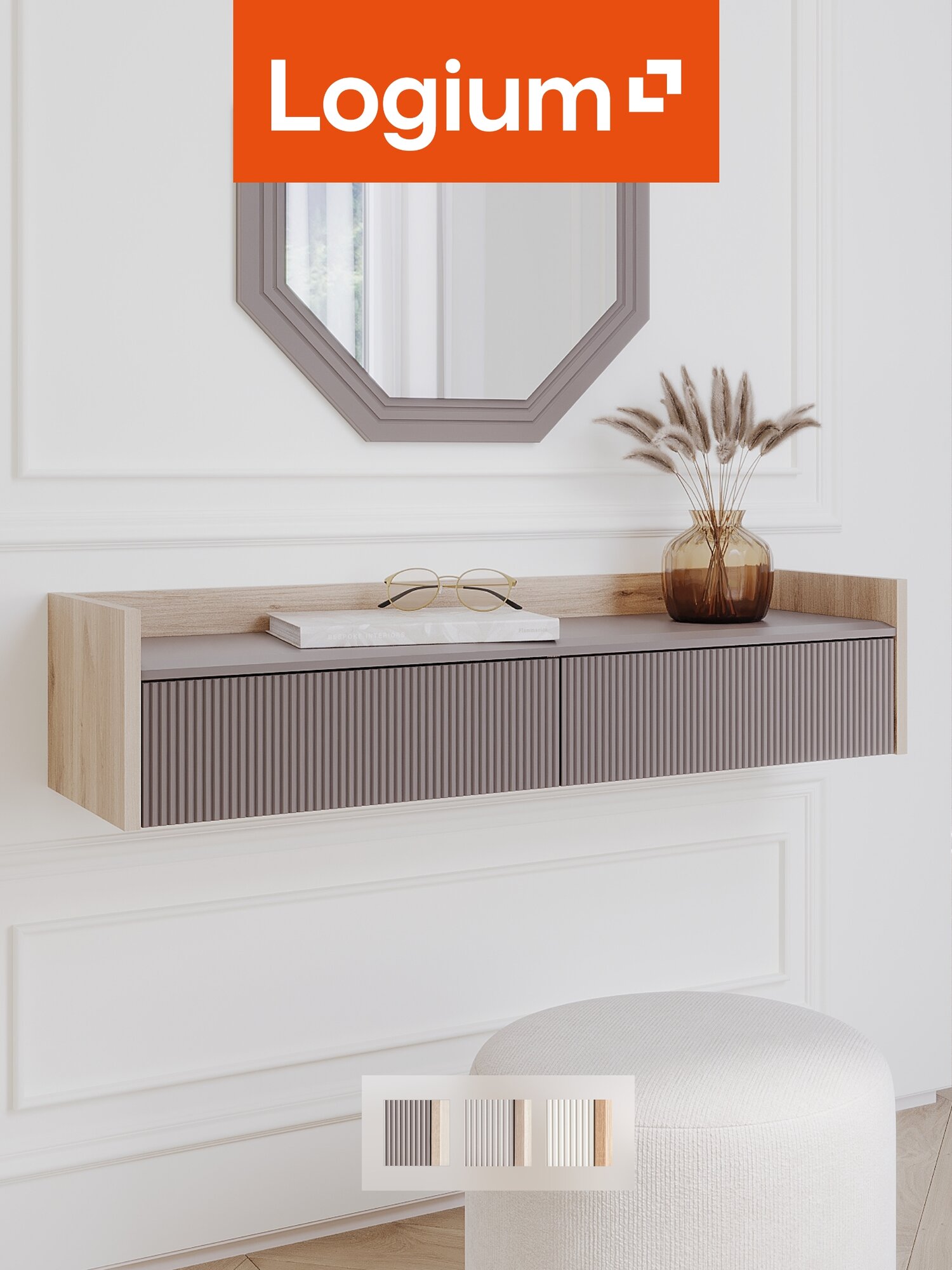 Столик туалетный подвесной, 96,6 х 30 х 21,5см, Наоми 12.115, Дуб Белый exclusive, Веллюто Капучино