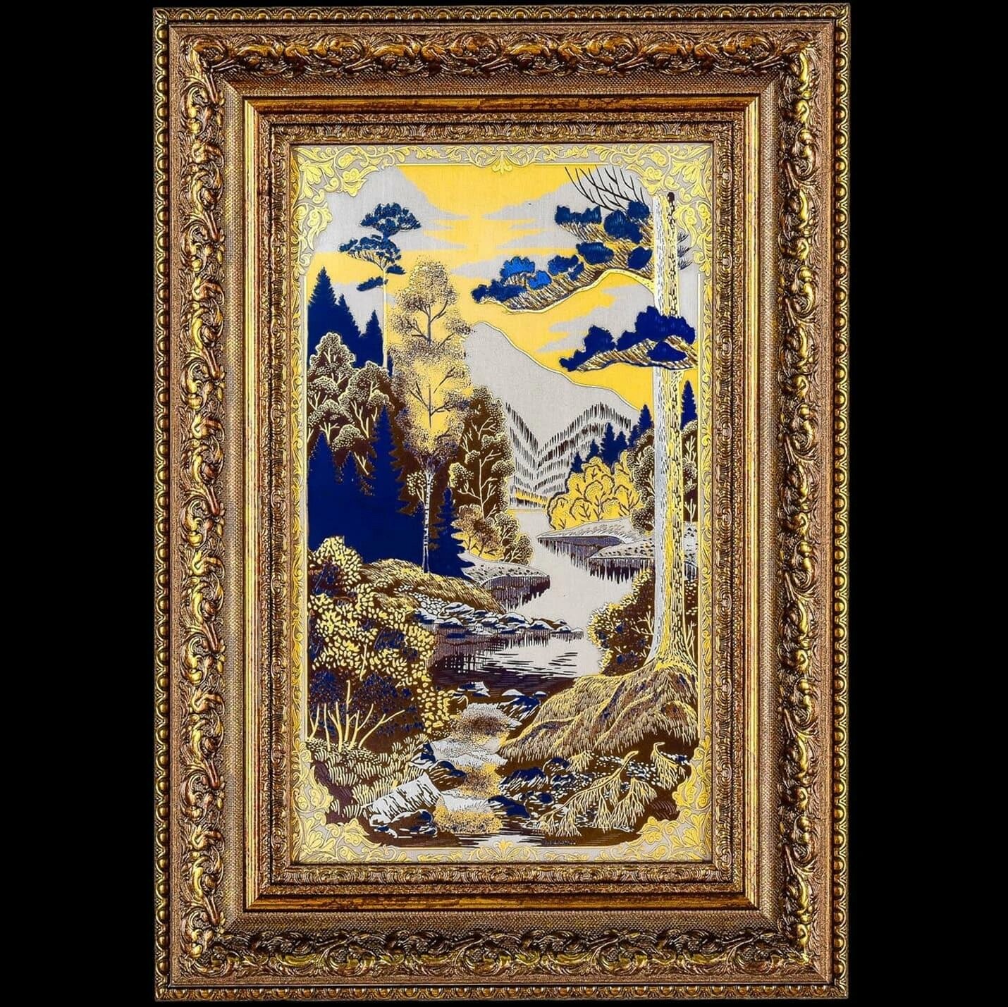 8537/18,5*30см Златоуст гравюра "таежная речка" в раме 0206