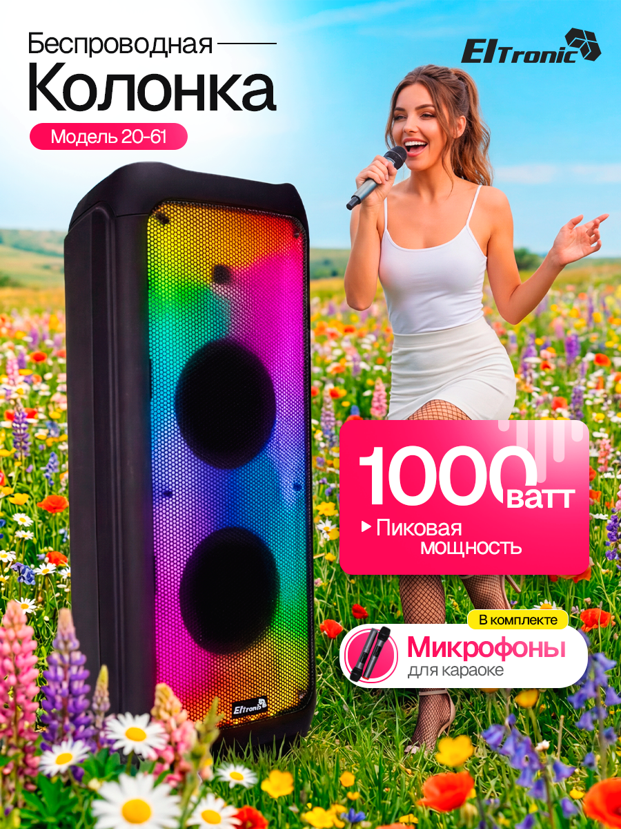 Портативная колонка Eltronic 20-61 Fire Box 1000, 10"x2, 1000Вт, Bluetooth, LED подсветка, TWS