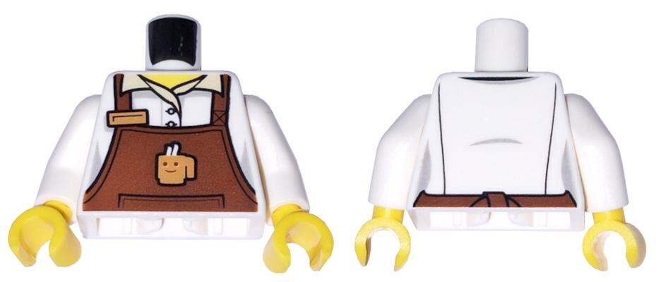 Деталь Lego 973pb2033c01 Torso Reddish Brown Apron Female Outline with Cup and Name Tag Pattern / White Arms / Yellow Hands