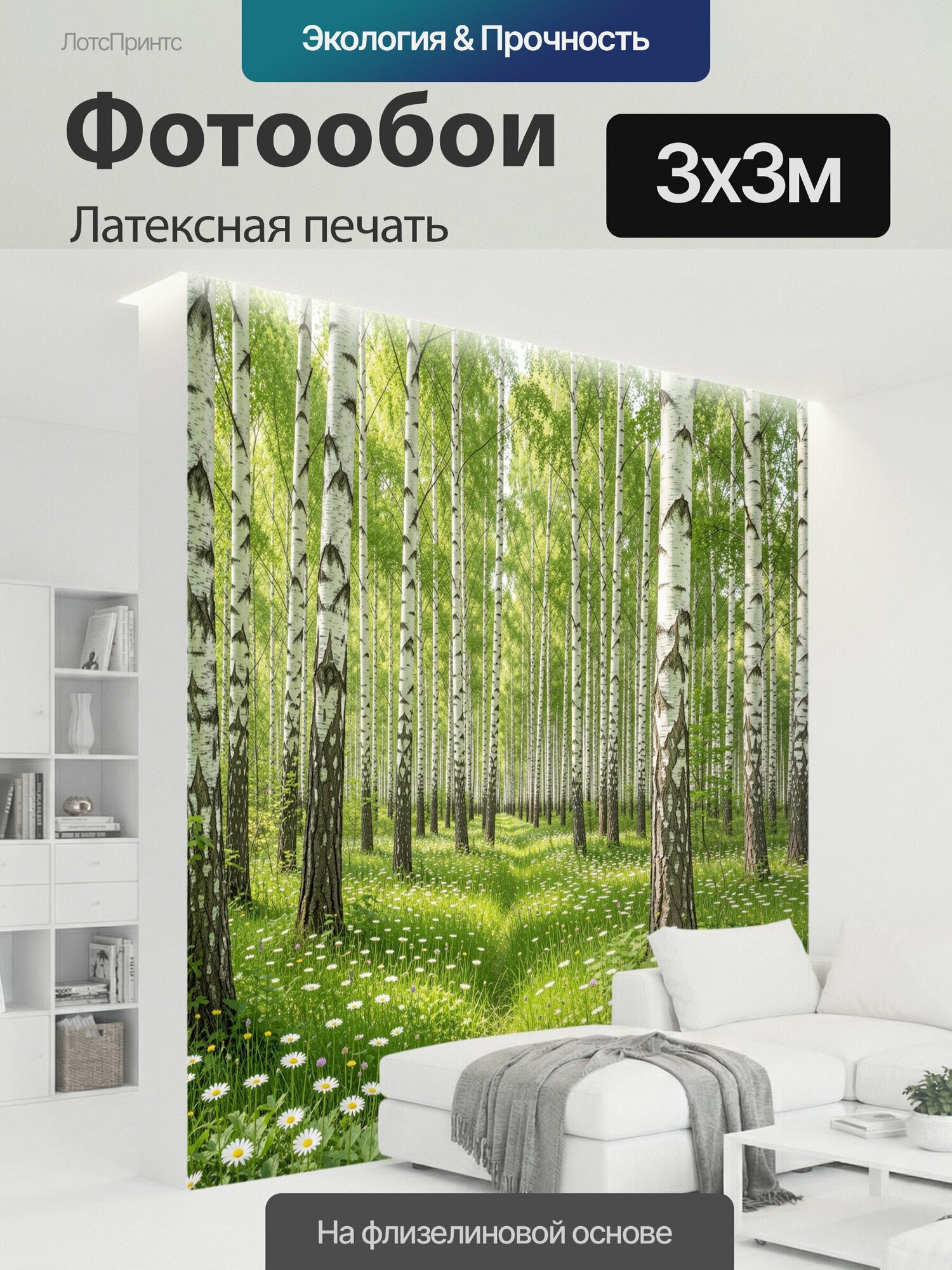 Фотообои моющиеся ударопрочные "Березовая роща с ромашками. Светлый лесной пейзаж с высокими белоствольными деревьями, сочной зеленой травой и." 300x300 см. латексная печать