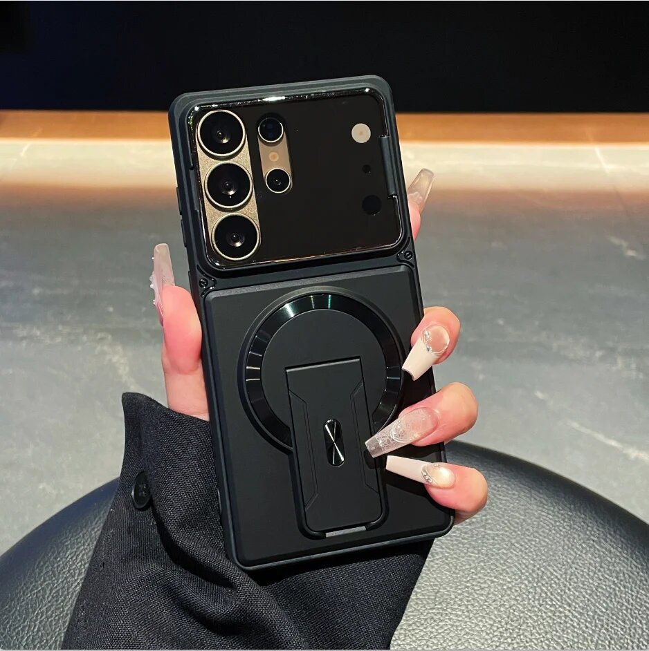 Магнитный защитный чехол-подставка Fold Glass для камер Samsung Галакси S24 Ультра, Черный, черный