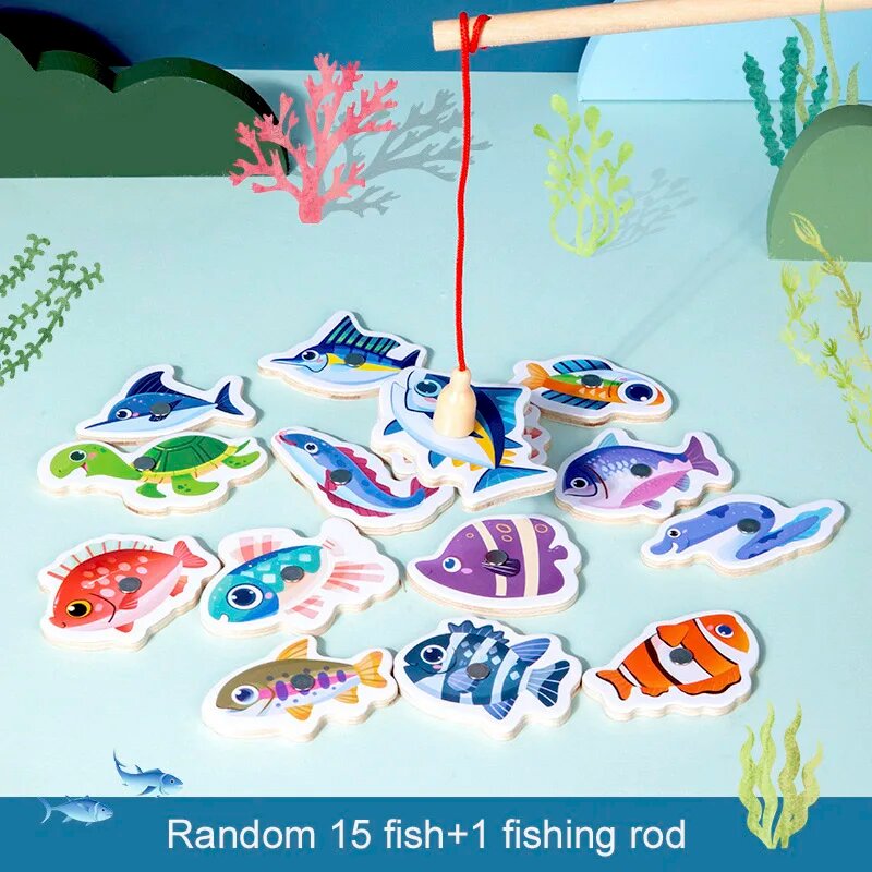Деревянная игра-рыбалка с магнитами, 15 рыбок, цвет: random