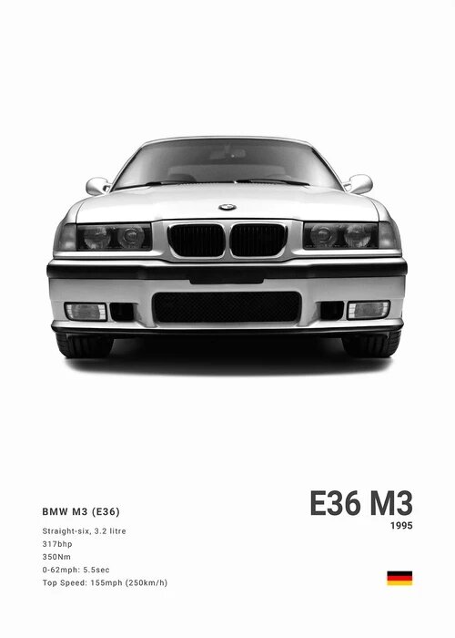 Белый настенный принт BMW E36 M3 1995, 20x30см