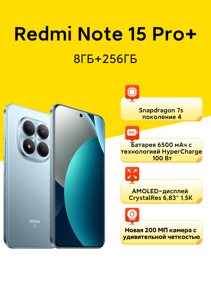Смартфон Xiaomi Redmi Note 15 Pro+ 5G 8 ГБ/256 ГБ Синий Ростест, 6500mAh, Dual SIM + eSIM Global version