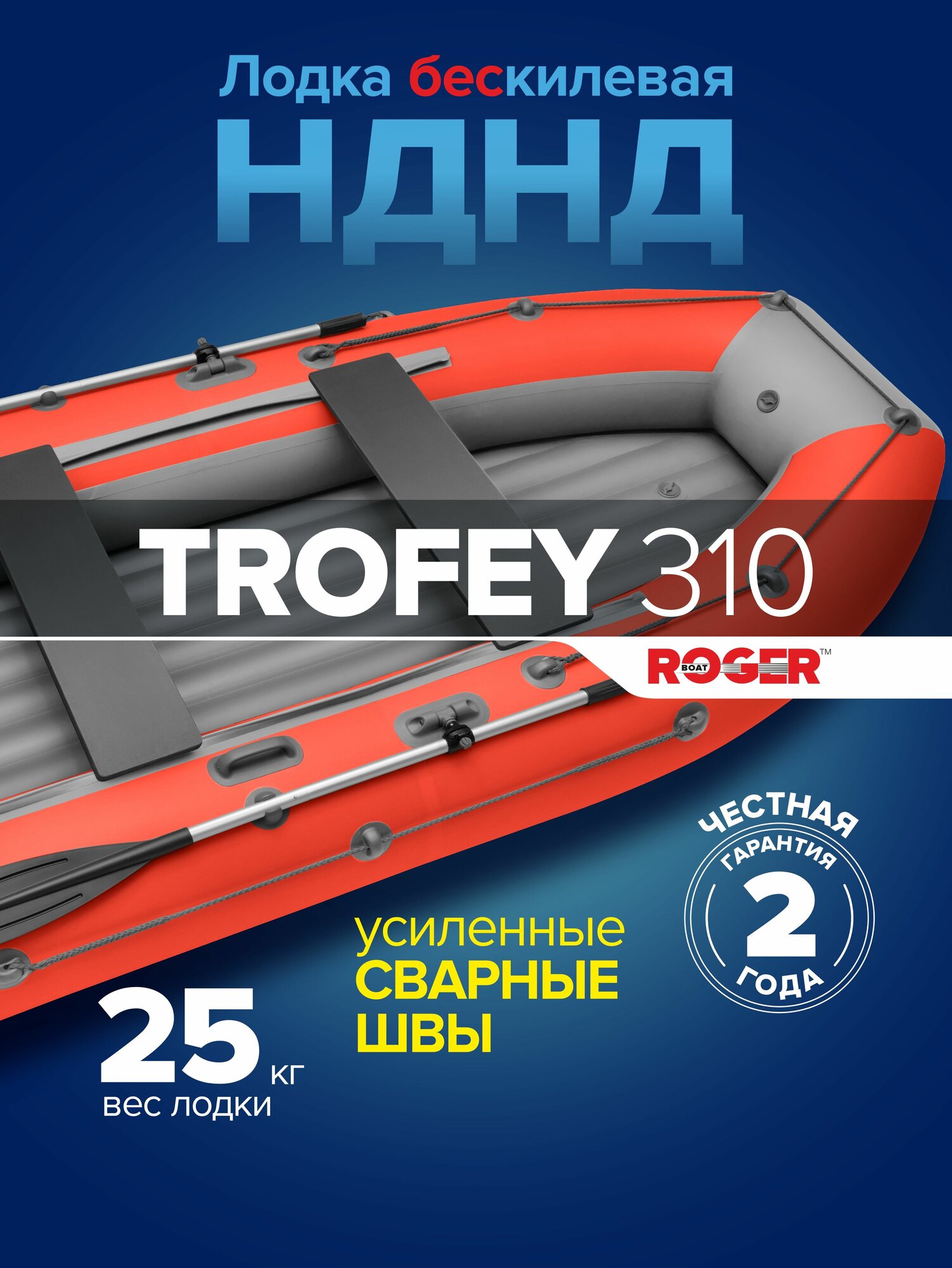 Лодка ПВХ под мотор НДНД ROGER Trofey 310, лодка надувная для рыбалки роджер (красный серый)