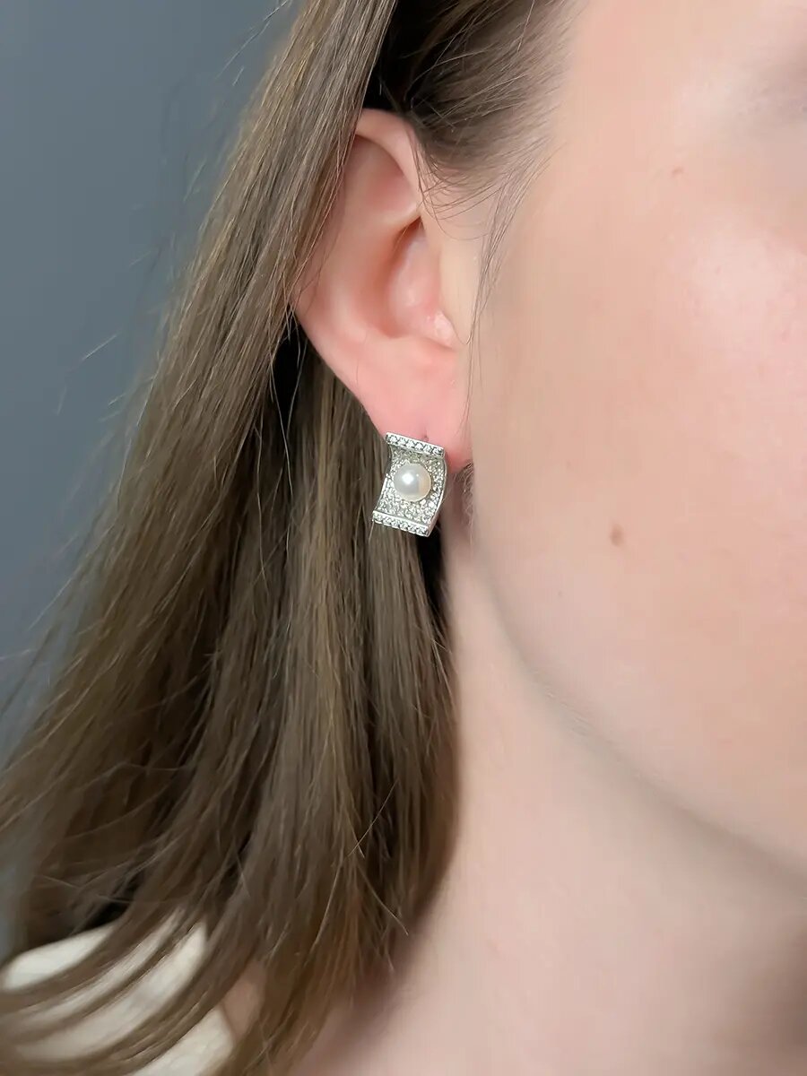Серьги, серебро, 925 проба, родирование, жемчуг культивированный, фианит