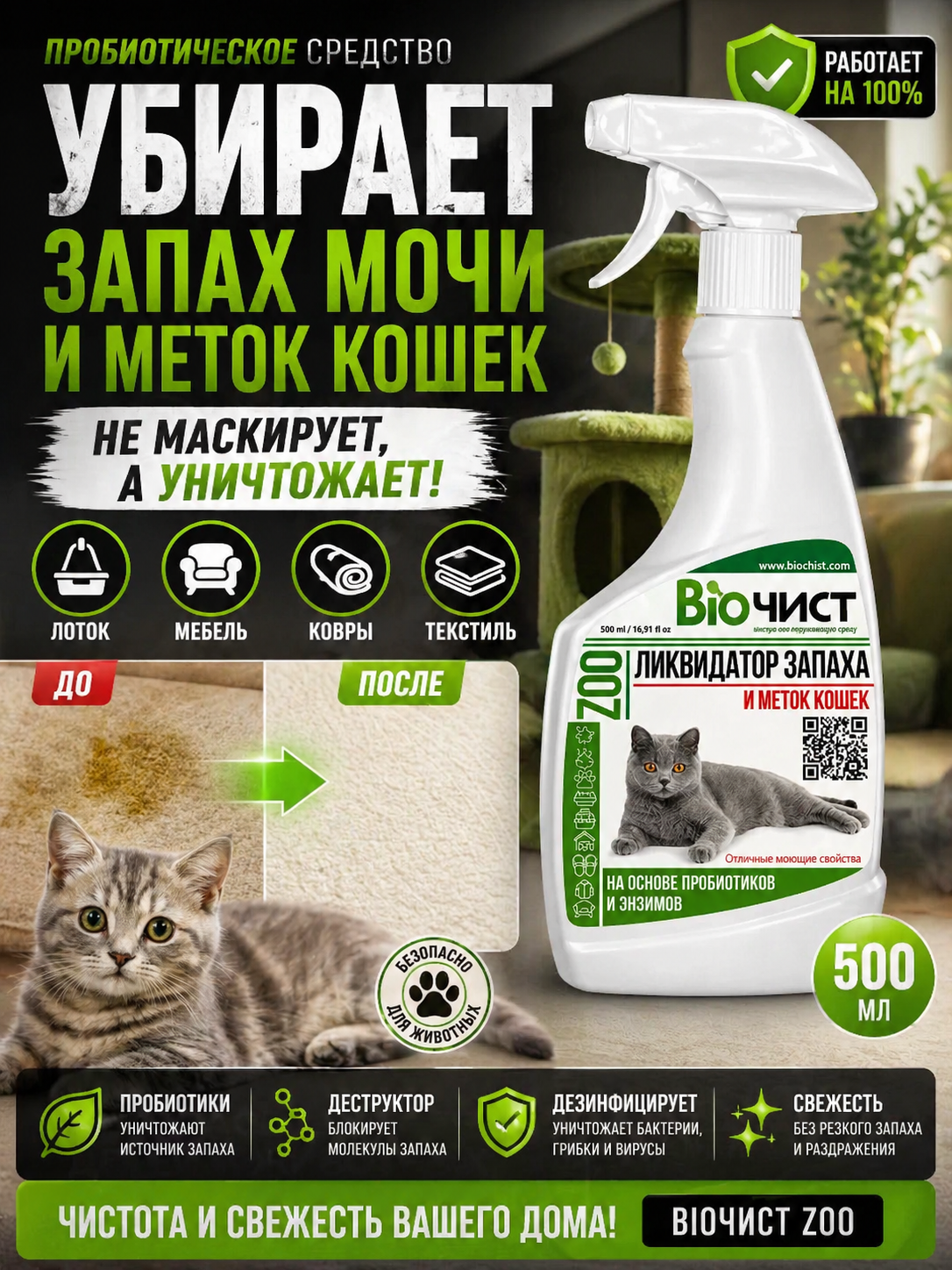 Биочист Ликвидатор запаха и меток кошек, пробиотическое средство