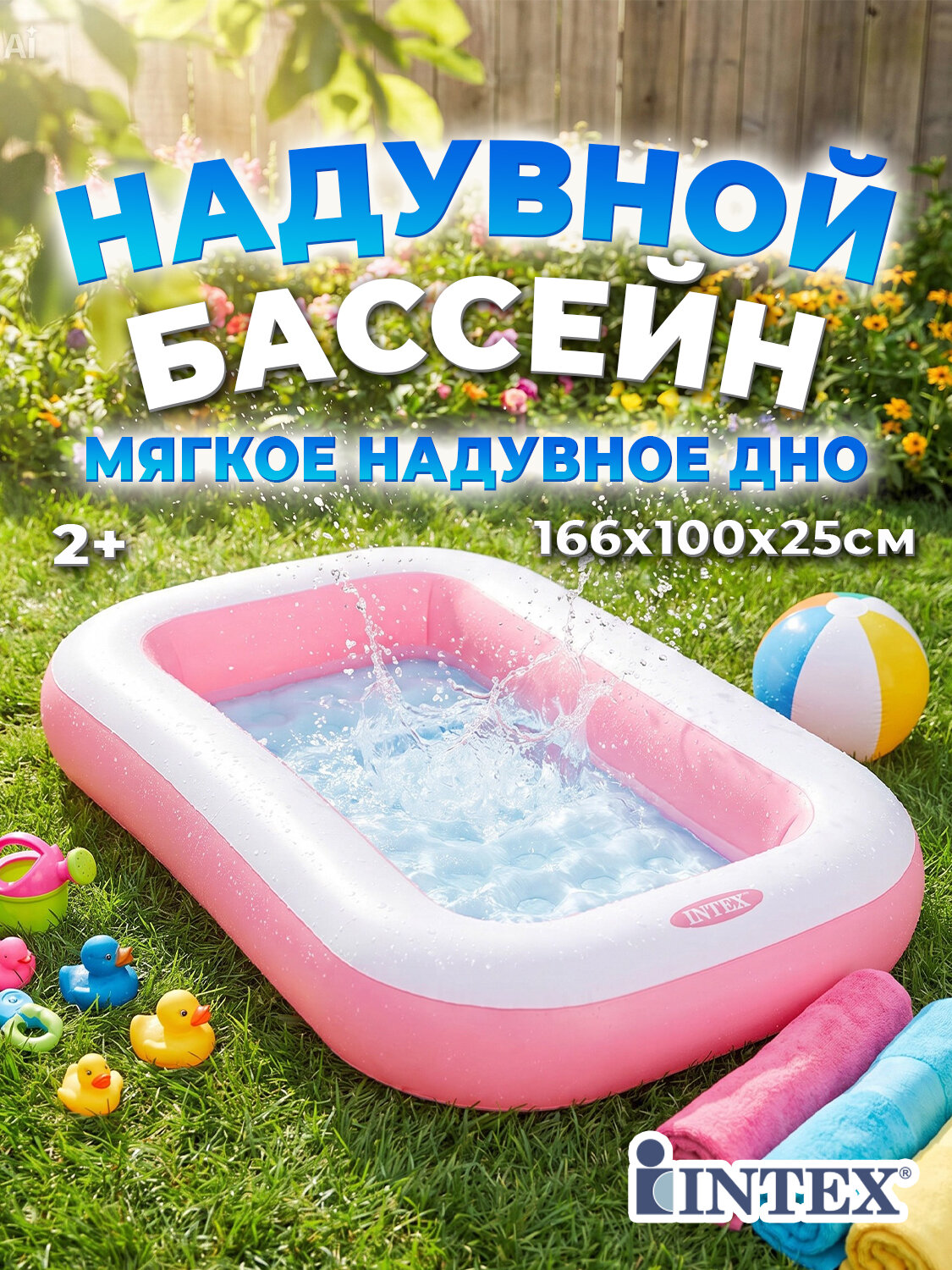 Бассейн надувной детский 166х100х25см с надувным полом от 2 лет