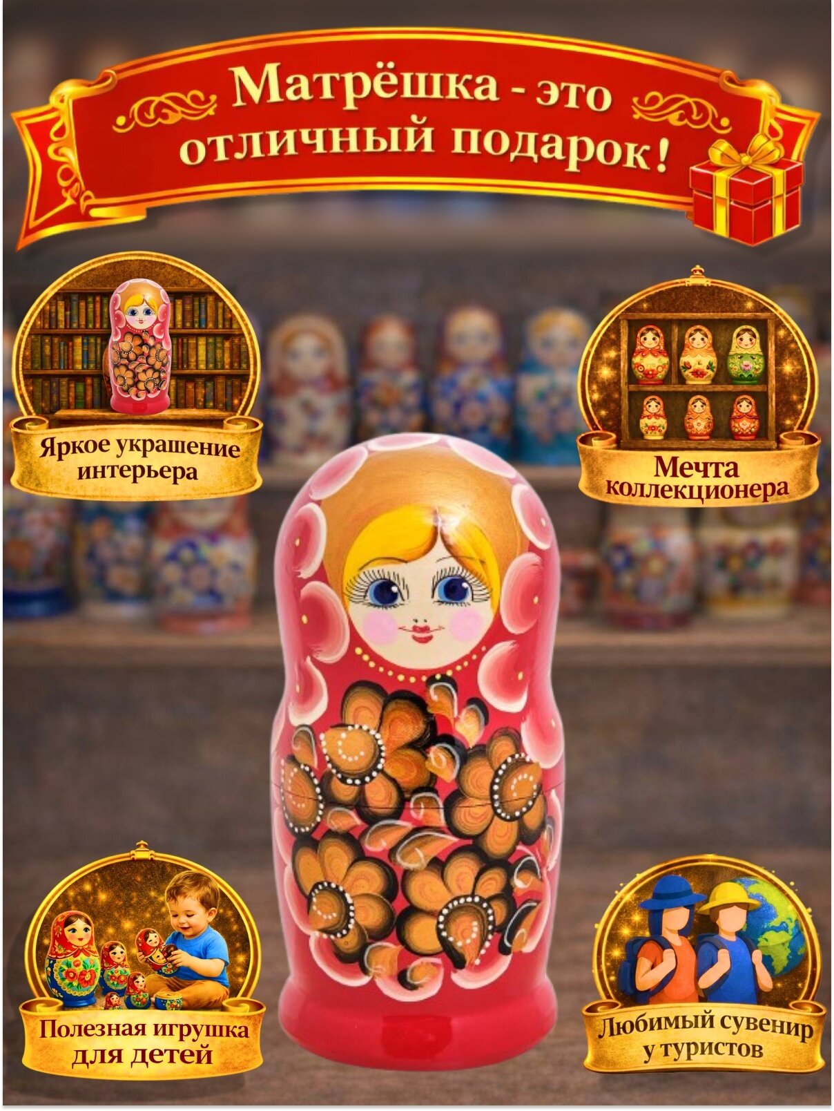 Матрешка "Огнеслава", дерево, ручная роспись, высота 18 см, 5 штук — фото 1