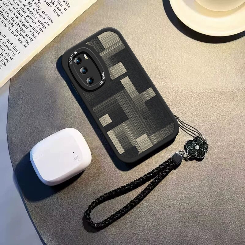 Huawei P40 Классический черный силиконовый чехол с клетчатым узором в патчворк-стиле и шнуром