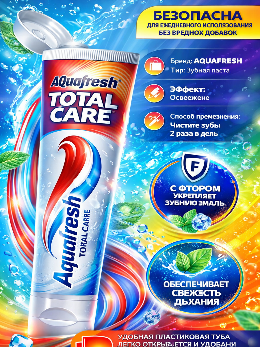 Зубная паста Aquafresh для тройной защиты полости рта освежающе-мятная с фтором, 100мл