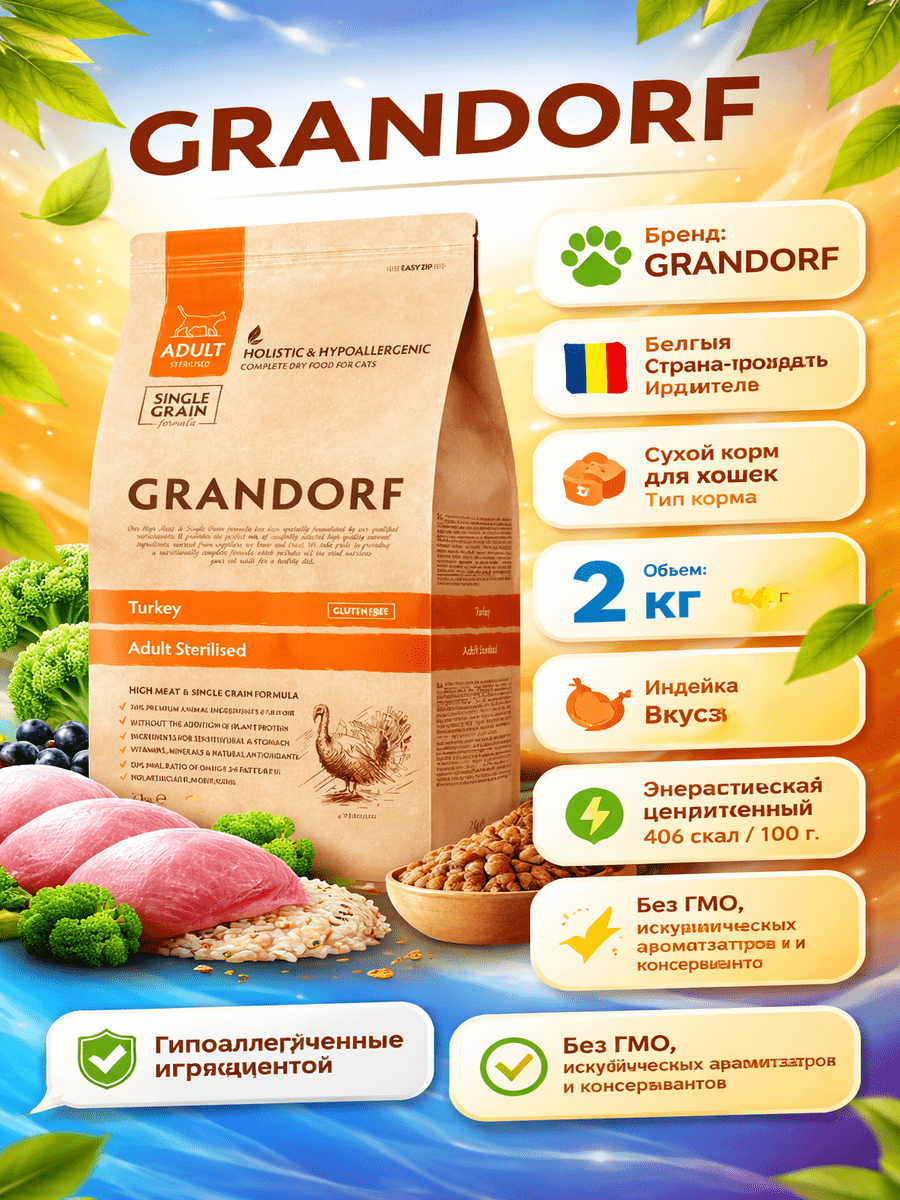 Корм сухой Grandorf для стерилизованных кошек индейка, 2кг