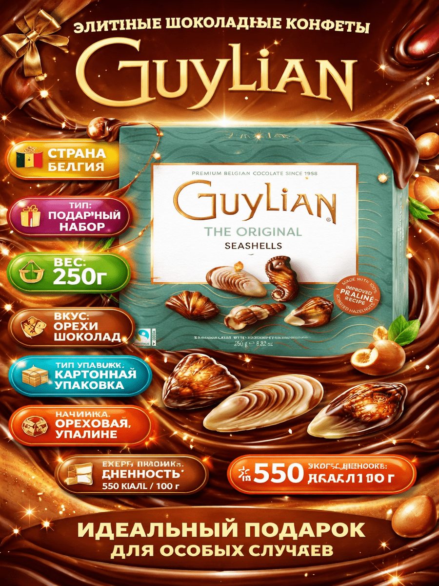 Набор шоколадных конфет Guylian Seashells Морские ракушки с начинкой пралине, 250г