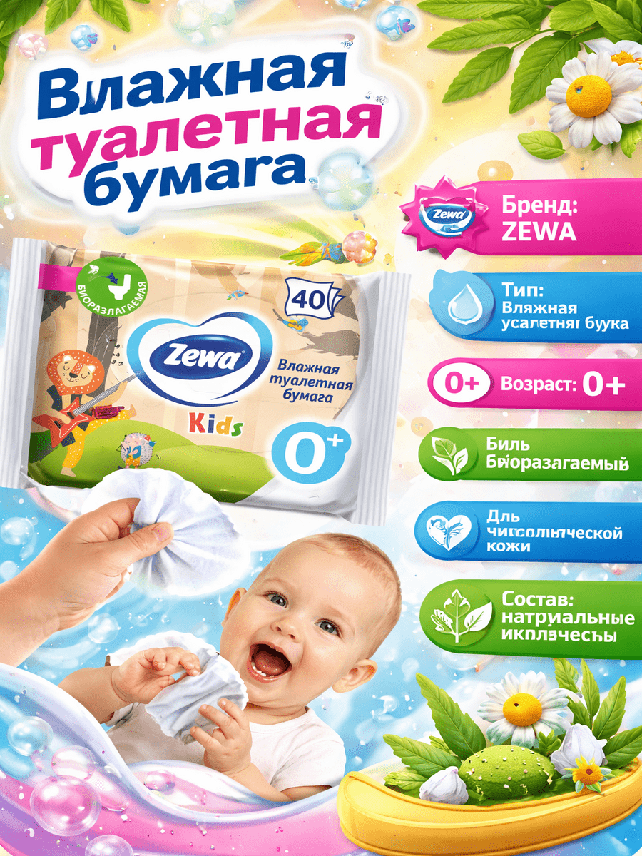 Влажная туалетная бумага Zewa Kids детская, 40 листов