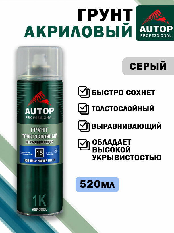 Грунтовка для автомобиля, №15, серый, акриловый наполнитель, толстослойный, выравнивающий, аэрозоль 650 мл, ATP-A07286 автомобильная грунтовка грунтовка аэрозоль акриловая грунтовка