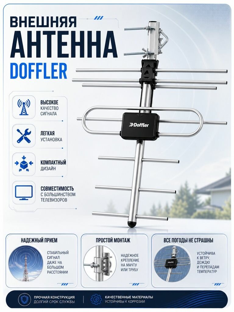 Антенна телевизионная уличная Doffler ATV-151, пассивная, DVB-T2, UHF (ДМВ), DVB-T, серебристая