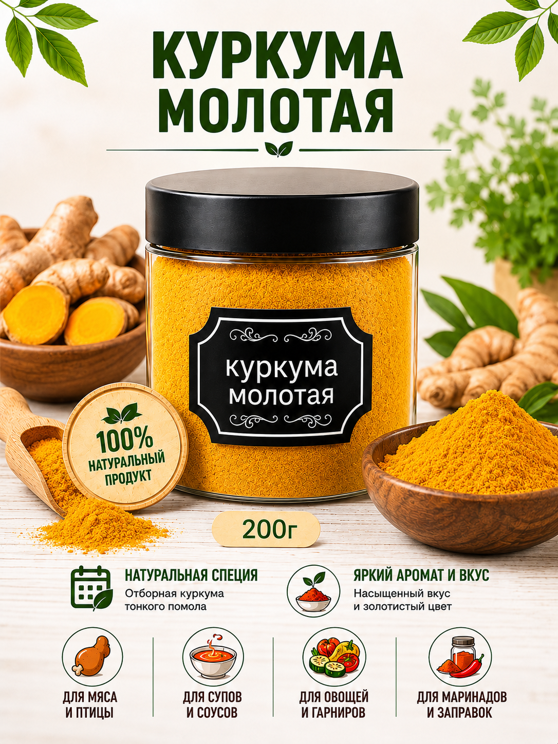 Куркума молотая натуральная, Индия, 200г