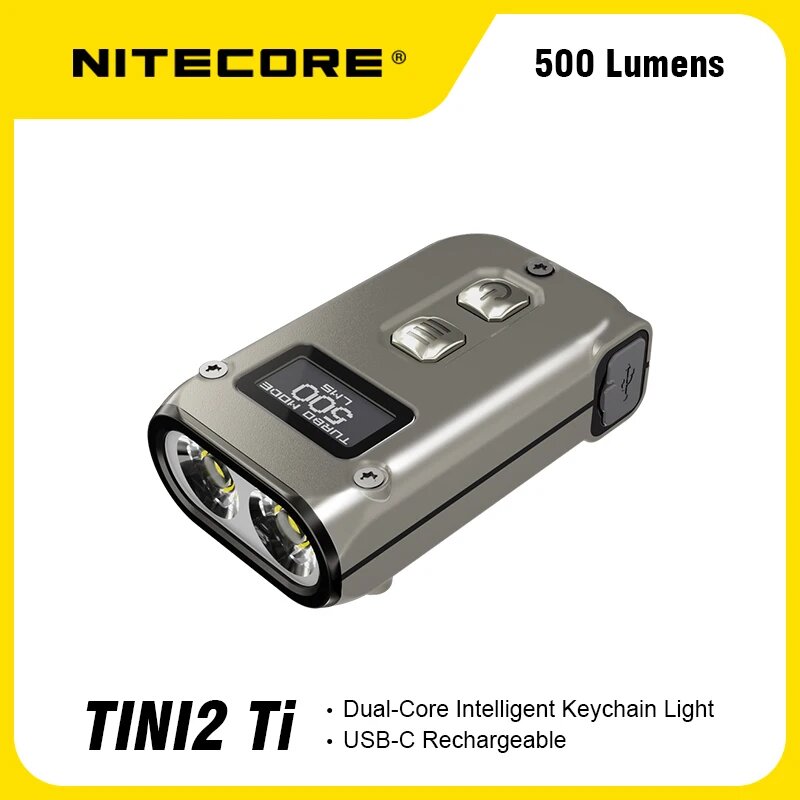 Титановый умный двухъядерный ключ NITECORE TINI2 Ti 500 люмен, заряжается с USB Type-C