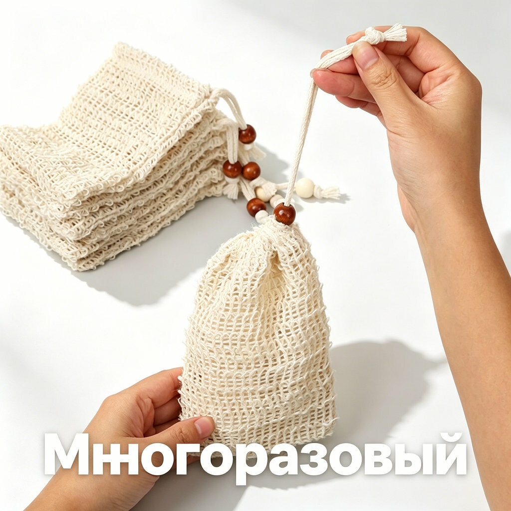 Набор из 7 хлопково-льняных сеточек для вспенивания мыла — для умывания, хранения и создания обильной пены