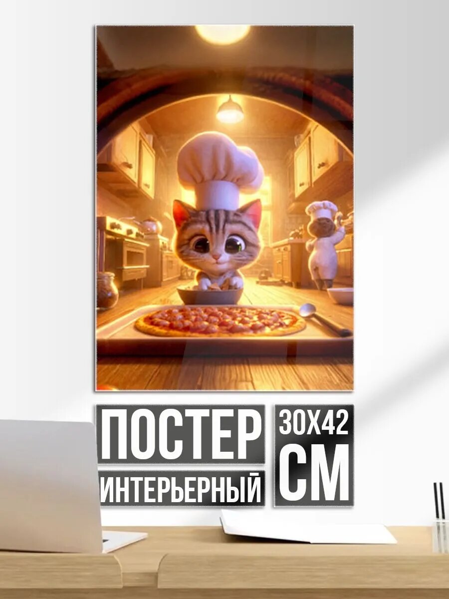 Постер на стену Котенок повар готовит пиццу на кухне