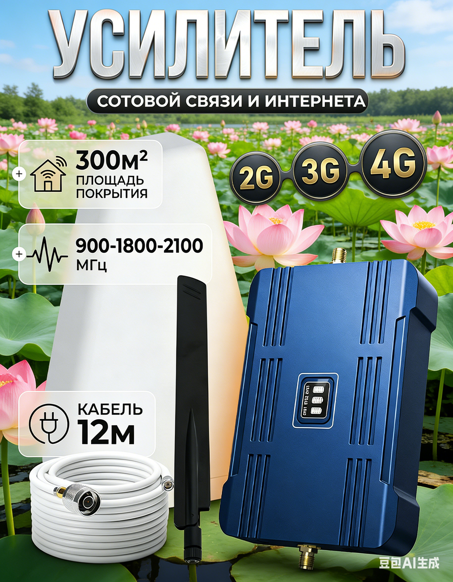Усилитель сотовой связи 900/1800/2100 МГц (2G/3G/4G): до 70 км, направленный, синий, 1.3 кг