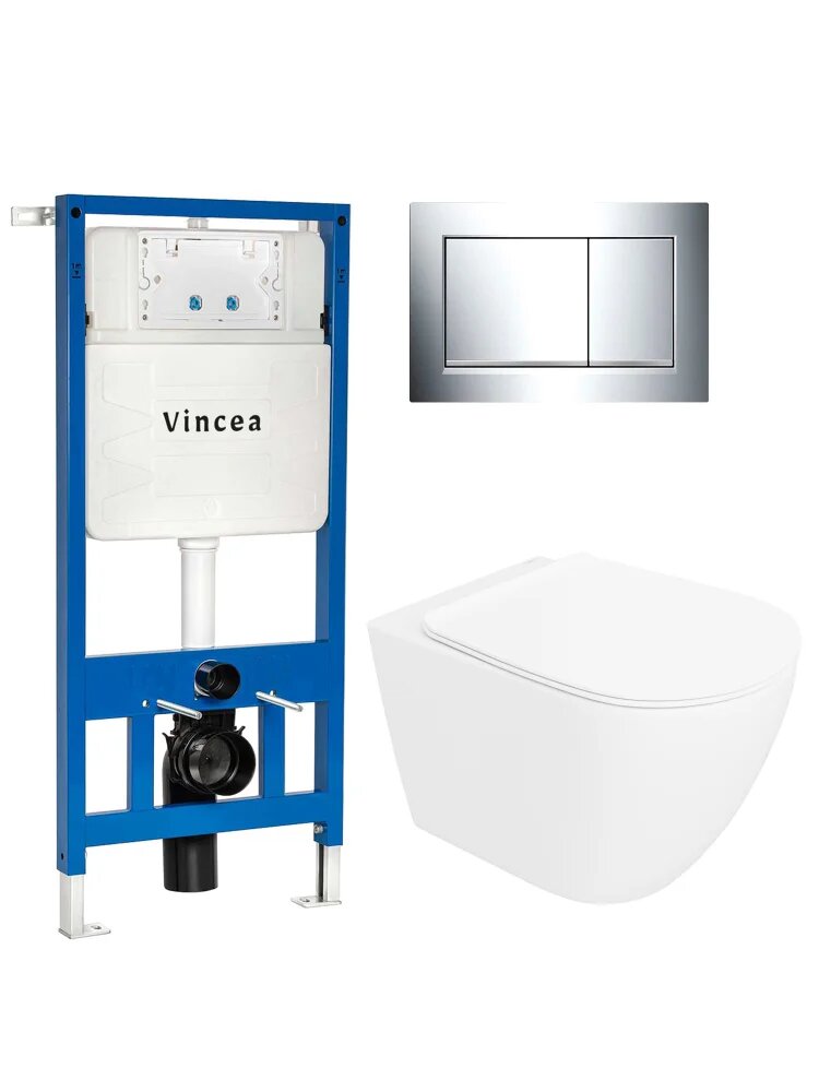 Комплект 4 в 1: Инсталляция Vincea VIS-601 / Унитаз подвесной STWORKI Готланд S13401WH безободковый, с микролифтом / Кнопка VFP-001CH, матовый хром, Комплект креплений