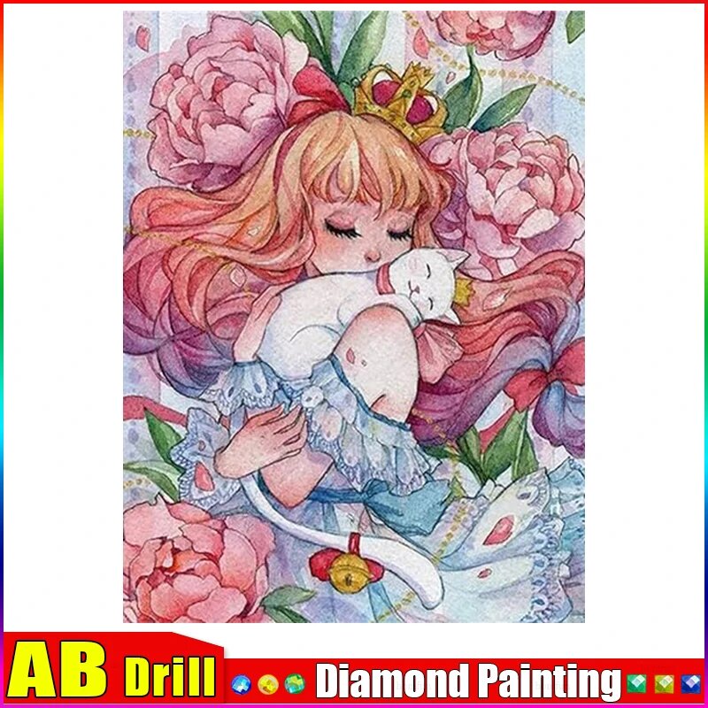 Алмазная картина AB Drill "Девушка с котенком и цветами"