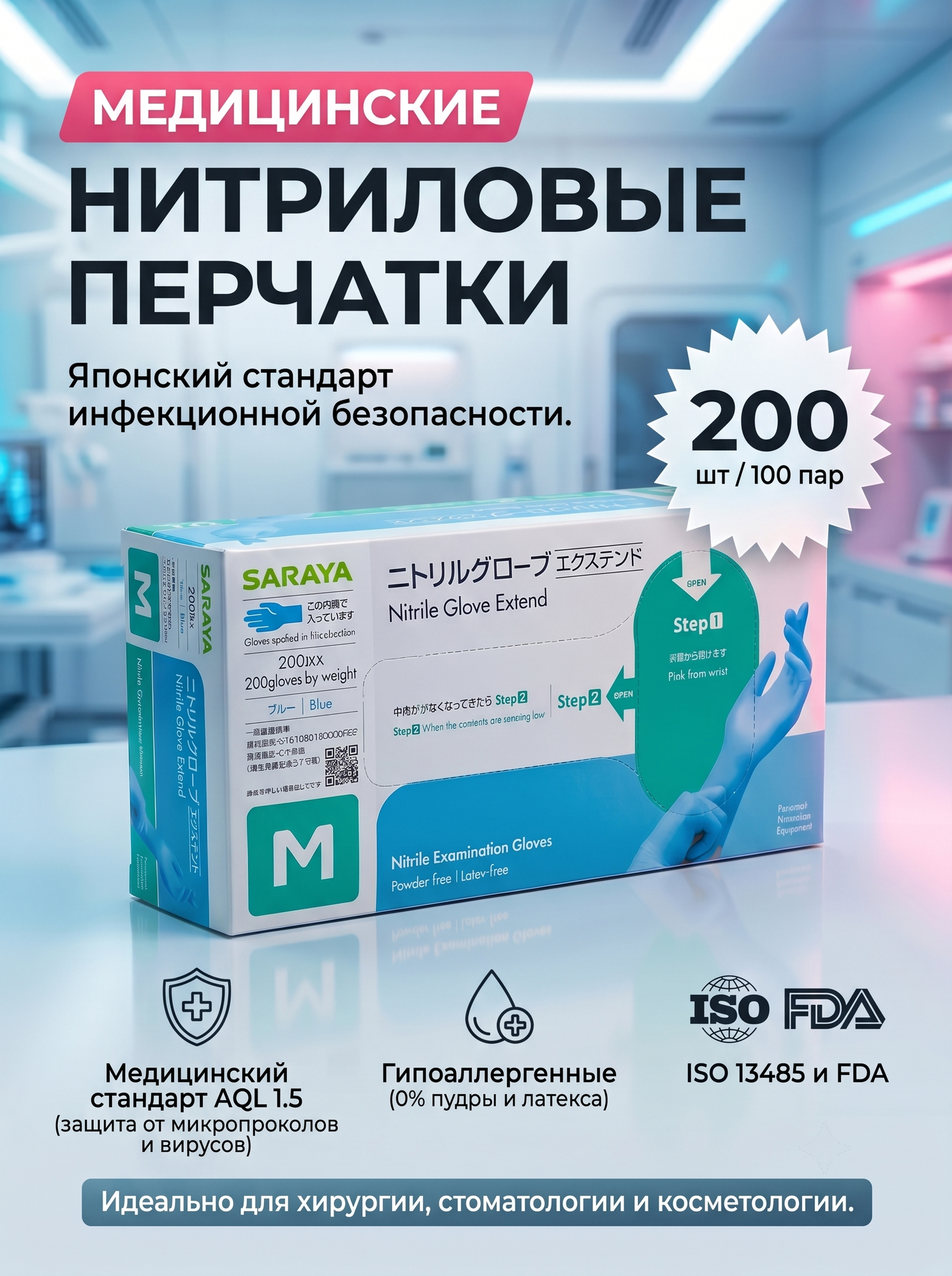 Перчатки нитриловые Saraya Nitrile Extend, премиум, текстурированные, размер M, голубые, 200 шт. (100 пар)