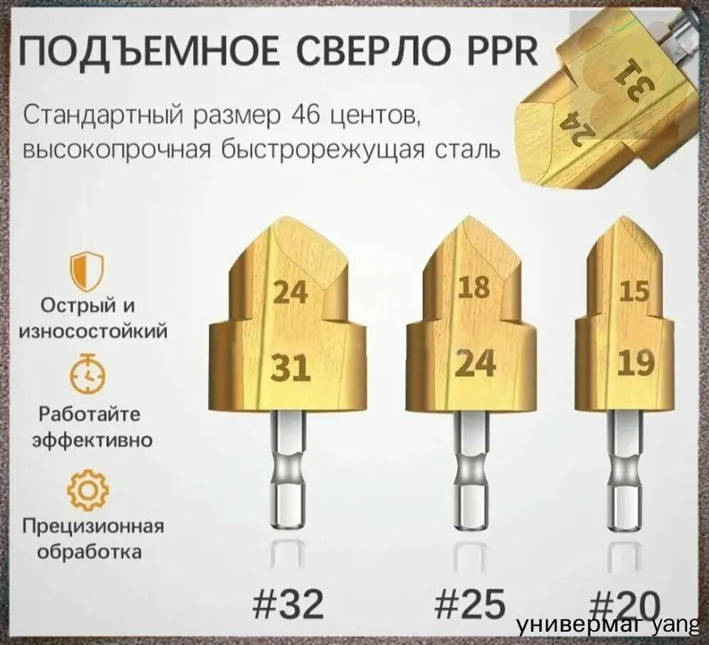 Эксклюзивные сверла для ремонта фитингов ППР, диаметры 20, 25 и 32 мм