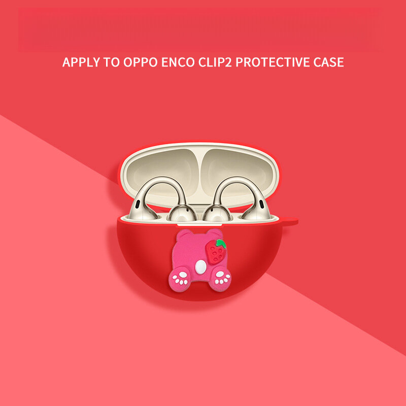 Чехол OPPO Enco Clip2 красный с Клубникой и карабином
