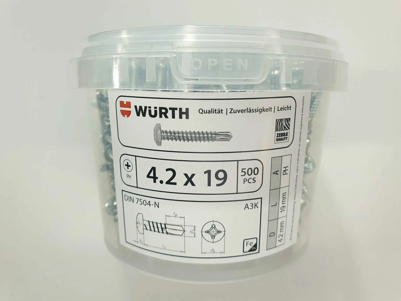 Саморез по металлу DIN 7504-N 4.2x19 PH A3K (500 pcs) WURTH, Германия