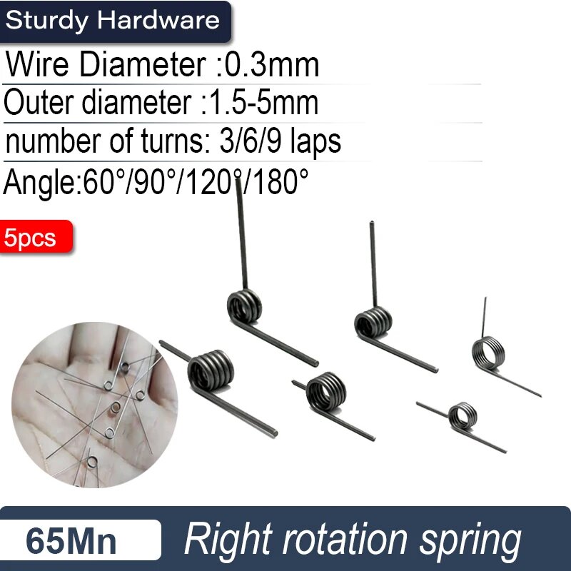 5 шт. Пружины кручения с правым вращением: проволока 0,3 мм, внешний диаметр 2,5-6 мм, 60-180 мм. ° Прямые продажи с завода
