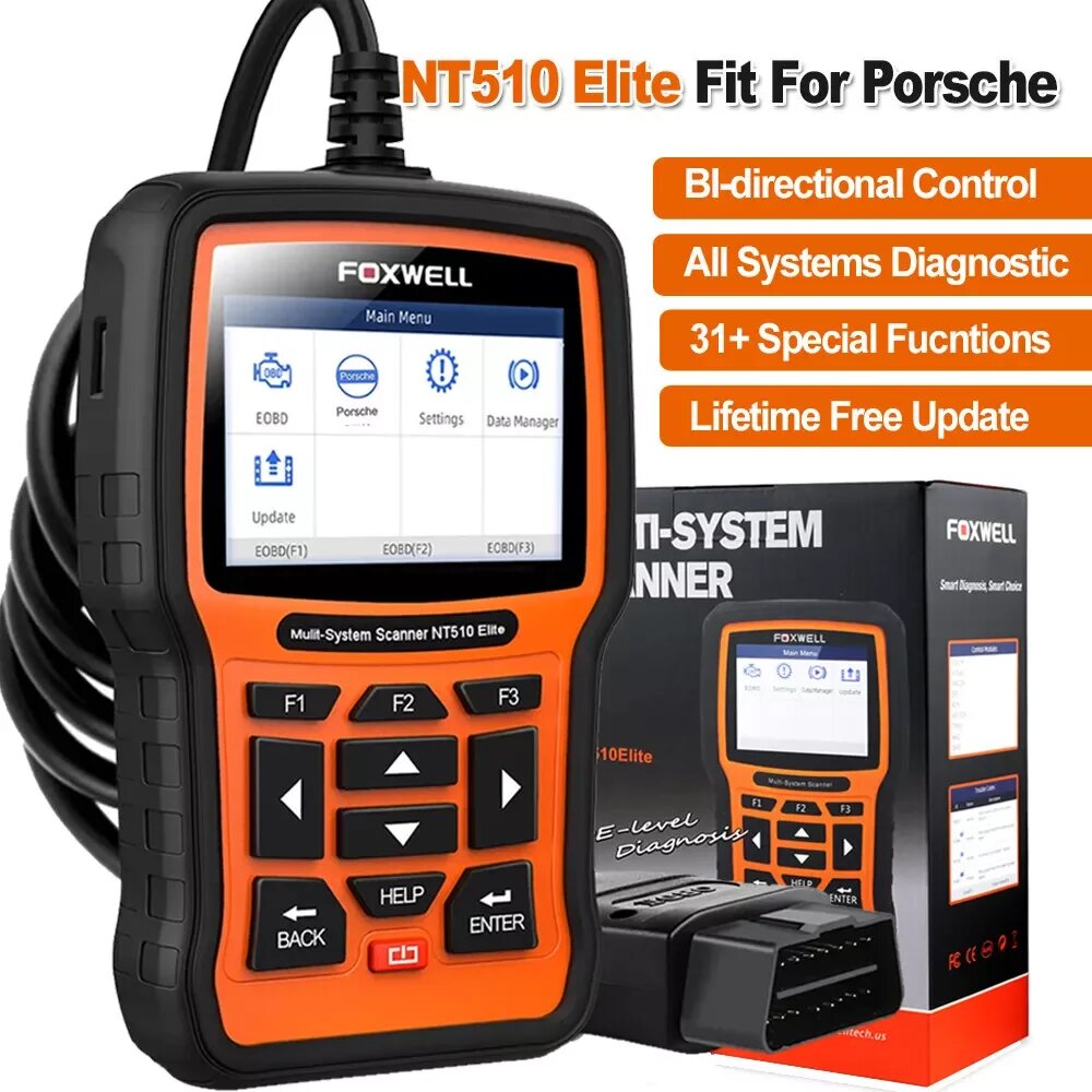 FOXWELL NT510 Elite для диагностики автомобилей Porsche сканер автомобиля OBD2 все системы двусторонние диагностические инструменты Сброс масла EPB SAS TPS