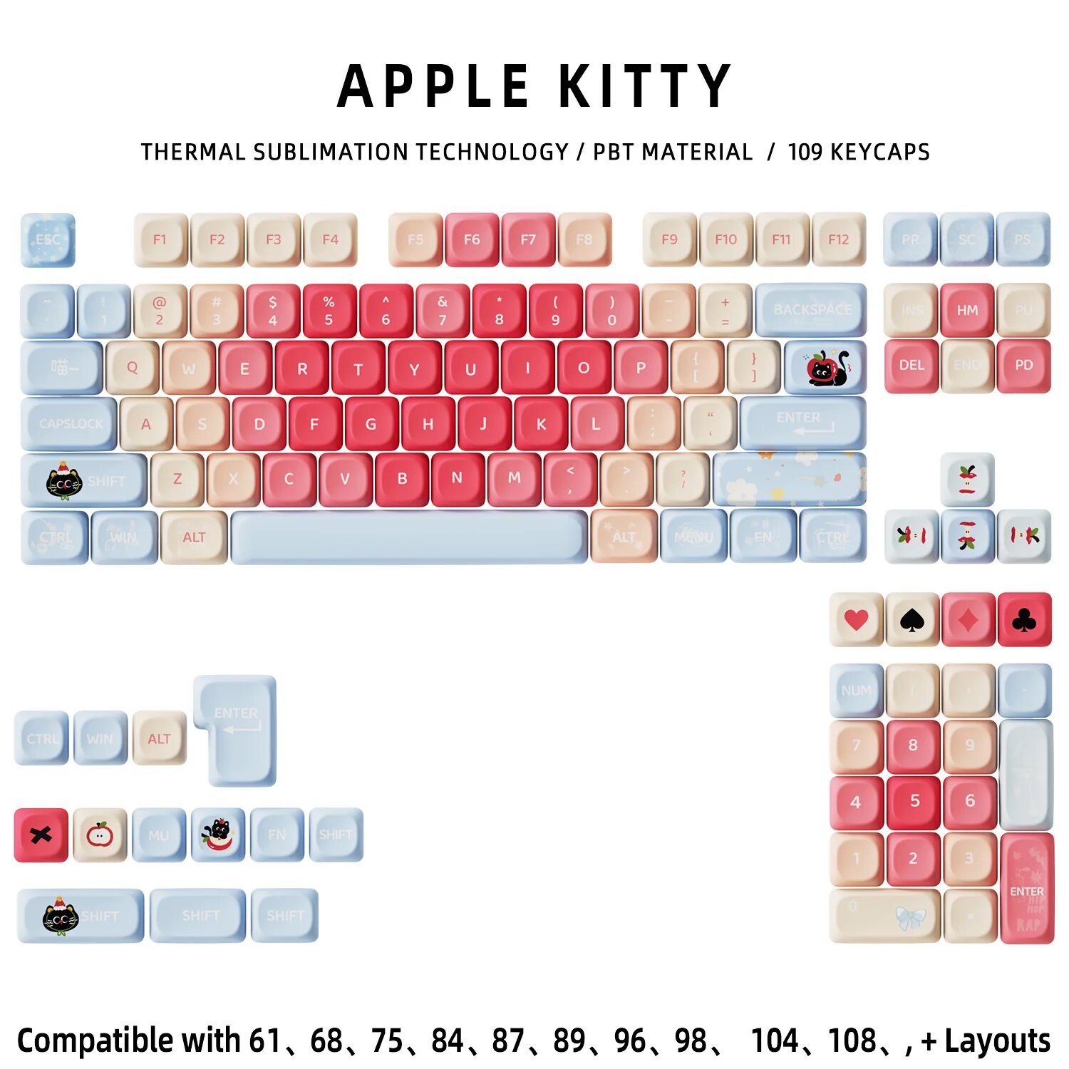 Apple Cat Theme Keycaps MOA PBT для механических клавиатур