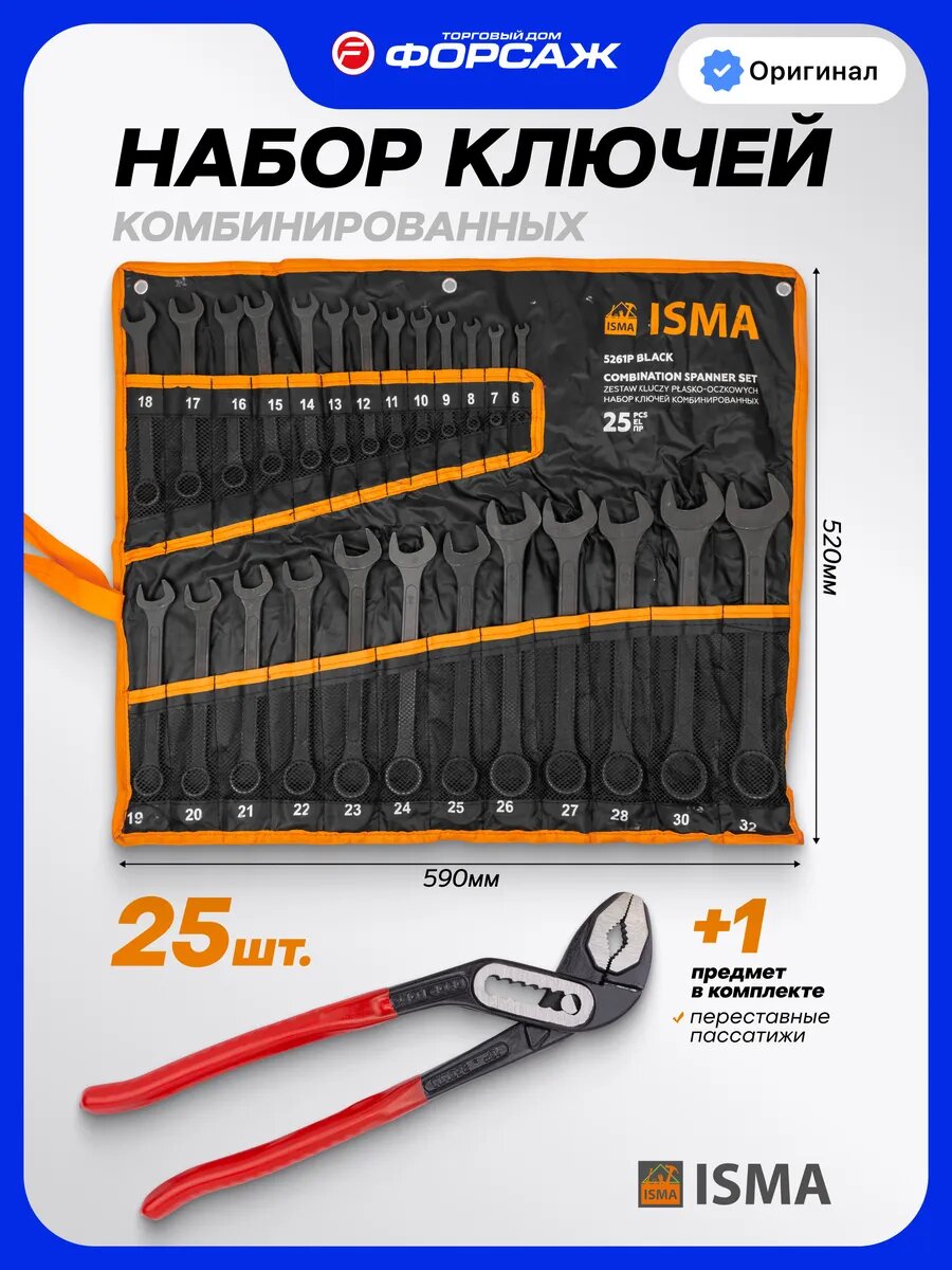 Набор ключей комбинированных 25шт с пассатижами переставными