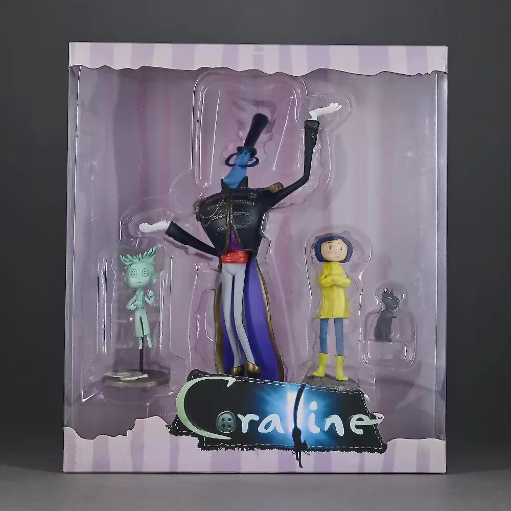 Коллекционная фигурка Coraline, набор из 4 персонажей (Каролин, Мистер Бобински, Черный кот и Призрачная девочка), детализированный PVC, в оригинальной упаковке