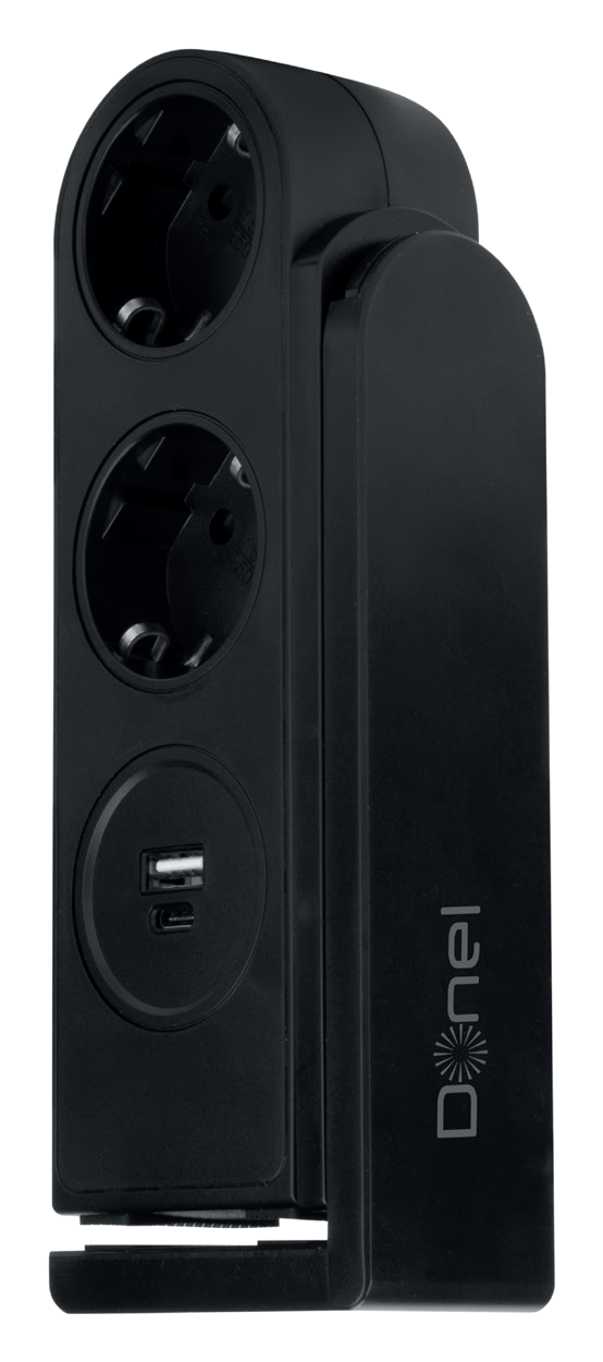 Розеточный блок настольный с клипсой 2х2K+З + зарядка USB типа A + типа C макс. 20Вт, длина кабеля 1.5м, цвет чёрный, Donel