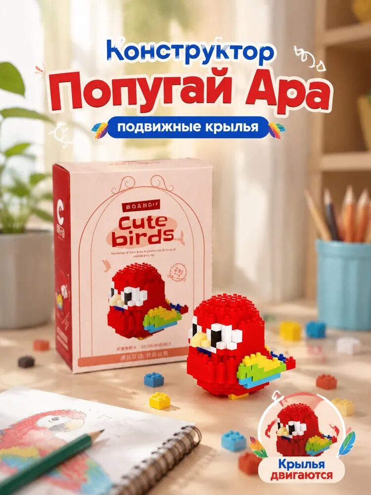 Конструктор 3D блочный Попугай Ара, подвижные крылья