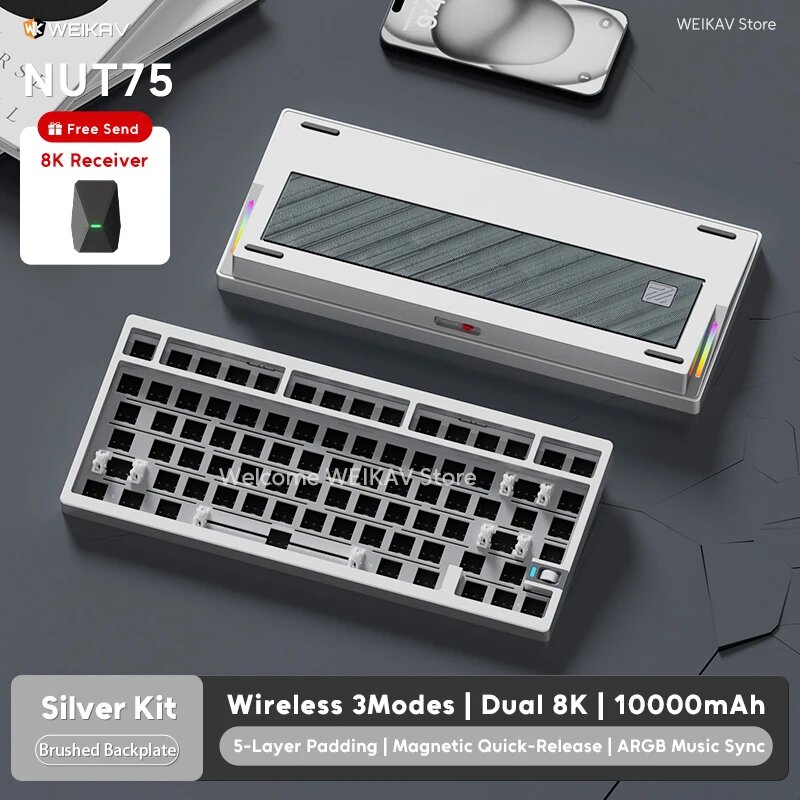 Weikav Lucky65 V3 NUT75 Механическая беспроводная клавиатура Белый, NUT75 SL Brushed